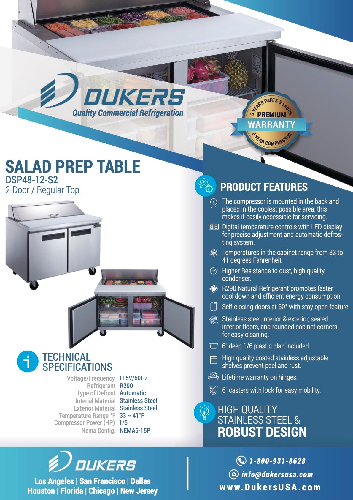 Dukers DSP48-12-S2 2-Door Food Prep Table Refrigerator – American Chef ...